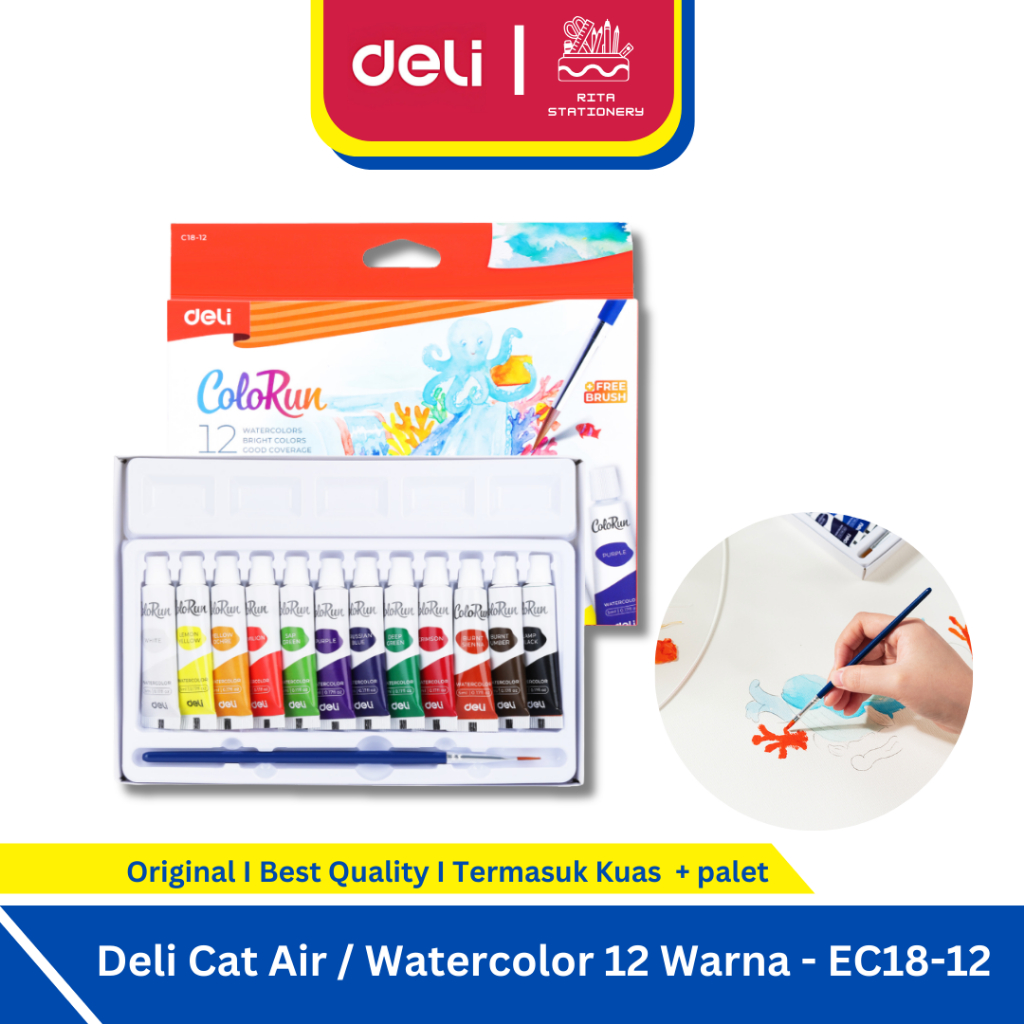 Jual Deli Cat Air / Watercolor 12 Warna Termasuk Kuas dan Palet- EC18 ...