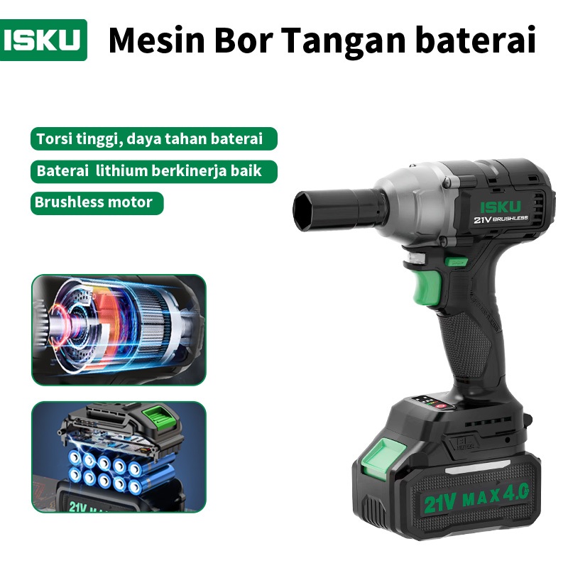 Jual ISKU Cordless Impact Wrench Brushless 21V 350N.M Torsi Battery ...