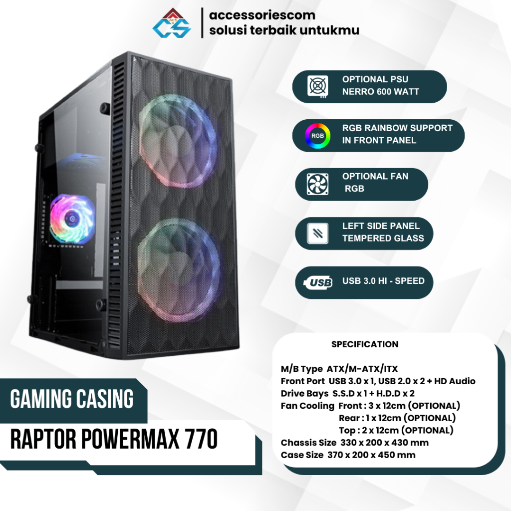 Jual Gaming Casing RAPTOR POWERMAX 770 - M-ATX + USB 3.0 | Shopee Indonesia
