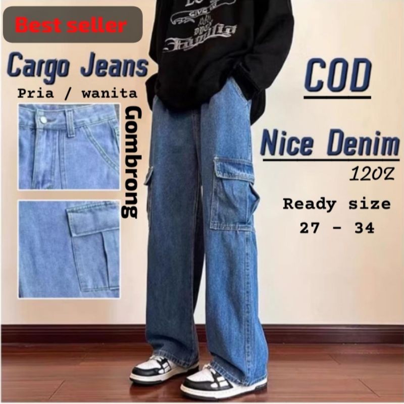 Jual celana cargo panjang pria gombrong korean style loose cargo pants blue jeans denim cowok ...