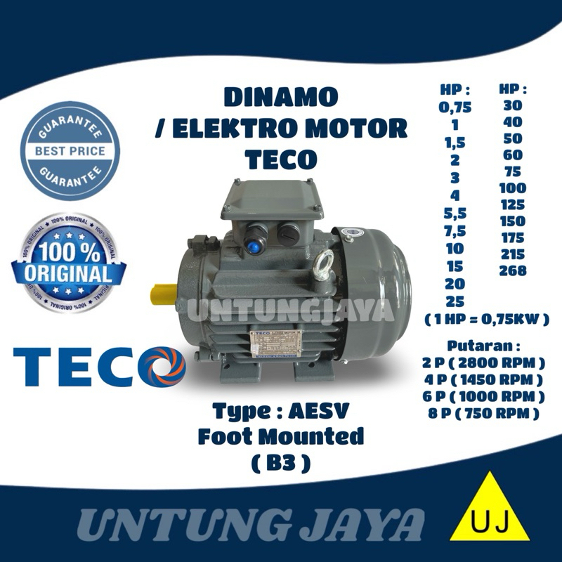 Jual DINAMO ELEKTRO MOTOR TECO 3 PHASE AESV 7,5 HP 5,5 KW 4 POLE 1500 RPM / ELEKTRIK MOTOR TECO ...