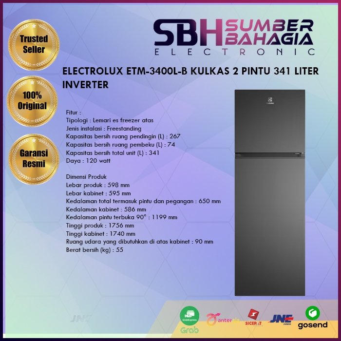 Jual ELECTROLUX ETM-3400L-B KULKAS 2 PINTU 341 LITER INVERTER (NEW ...