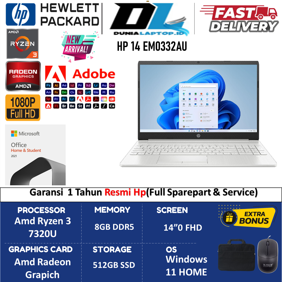 Jual Laptop Slim HP 14 EM0332AU Ryzen 3 7320U 8GB DDR5 512GB SSD FHD ...