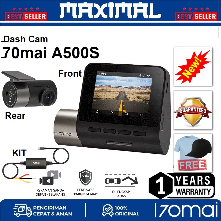 Jual 70mai Dash Cam Pro Plus A500s 1944P GPS ADAS Set Front + Rear ...