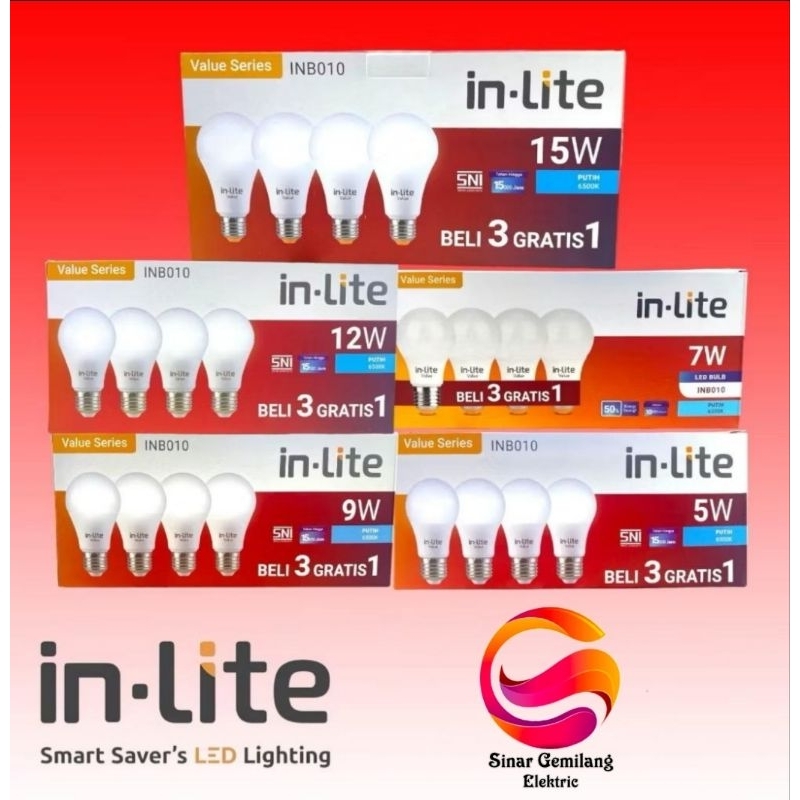 Jual LAMPU IN-LITE LED BULB Paket 3 Gratis 1 INB010 Value 5 Watt / 7 Watt / 9 Watt / 12 Watt ...