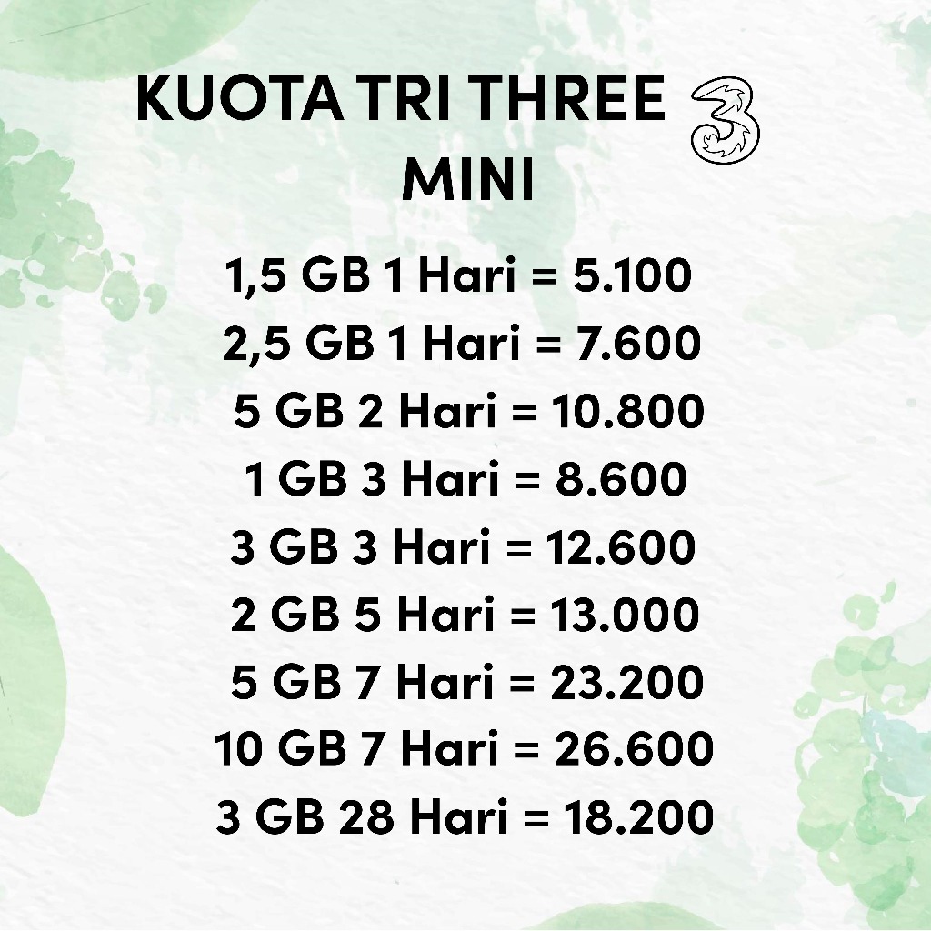 Jual Paket Internet Tri 3 Three Mini 1GB 2GB 2,5GB 3GB 3,5GB 5GB 6GB 7GB Happy Harian Hari Kuota ...