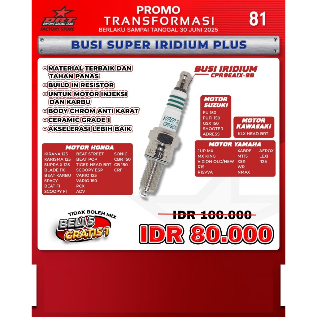 Jual BUSI SUPER IRIDIUM PLUS BRT TIPE CPR9EAIX-9B BINTANG RACING TEAM - CRF 150 / CB 150 / CBR ...
