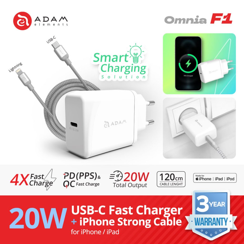 Jual ADAM ELEMENTS WALL CHARGER + KABEL C LIGHTNING FOR IPHONE / IPAD ...