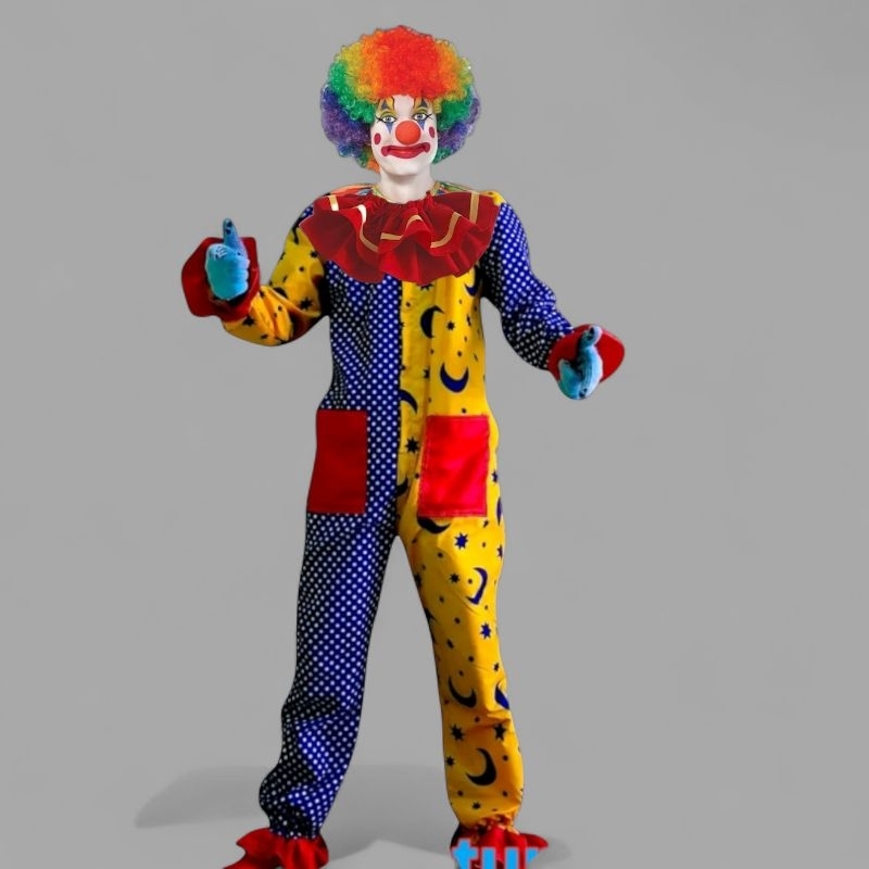 Jual kostum badut joker polka lengkap dengan wig kribo dan topeng badut ...