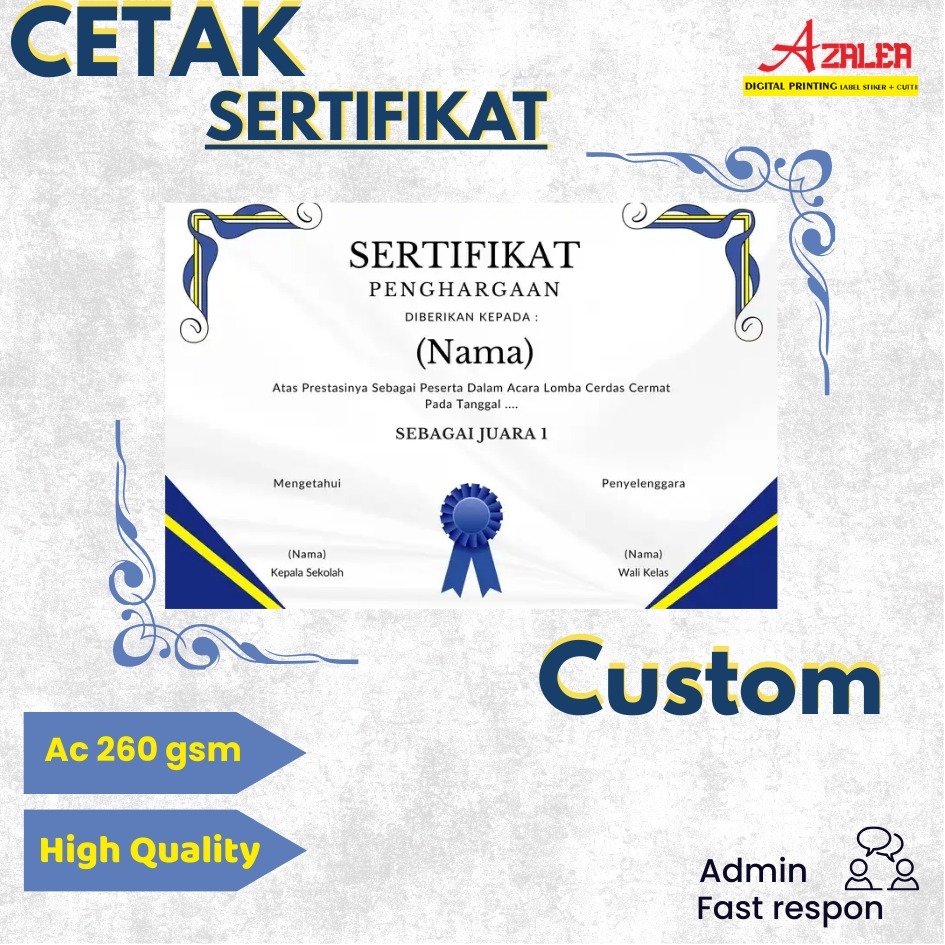 Jual Cetak Sertifikat Piagam Penghargaan A4 Laser Digital | Shopee ...