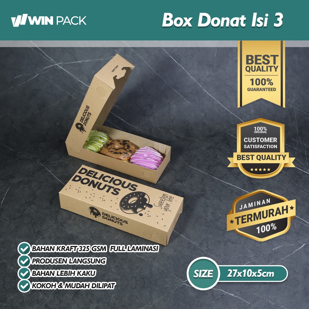 Jual (20 Pcs) Box Dus Donat isi 3 | 27x10x5 | Motif | Kraft 325 GSM Laminasi PE Food Grade ...