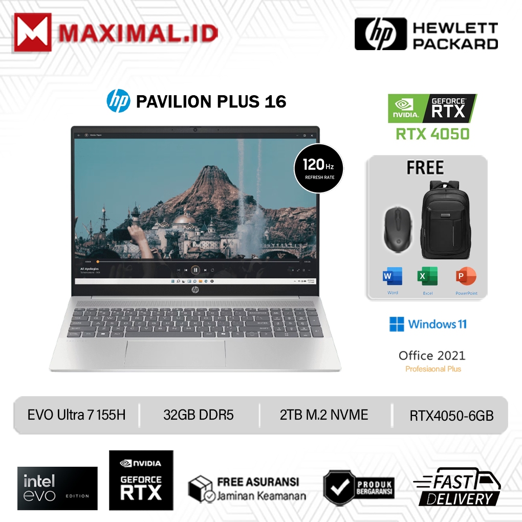 Jual Laptop HP PAVILION PLUS 16 Intel EVO Ultra 7 155H Ram 32GB DDR5 ...