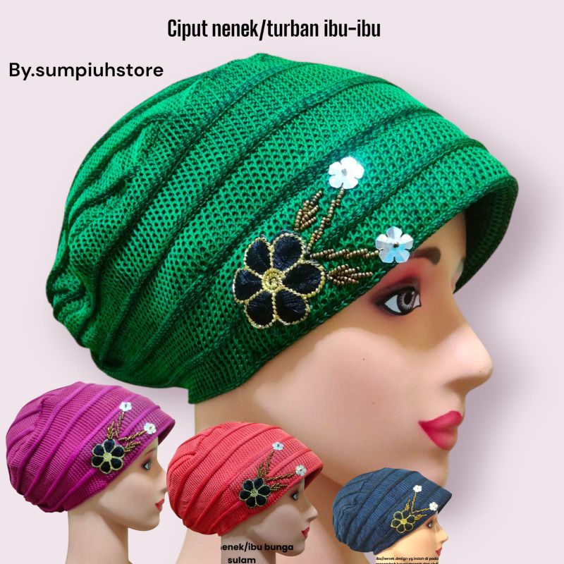 Jual Ciput Turban Nenek Rajut Bunga Sulam Kupluk Topi Ibu Stylish ...