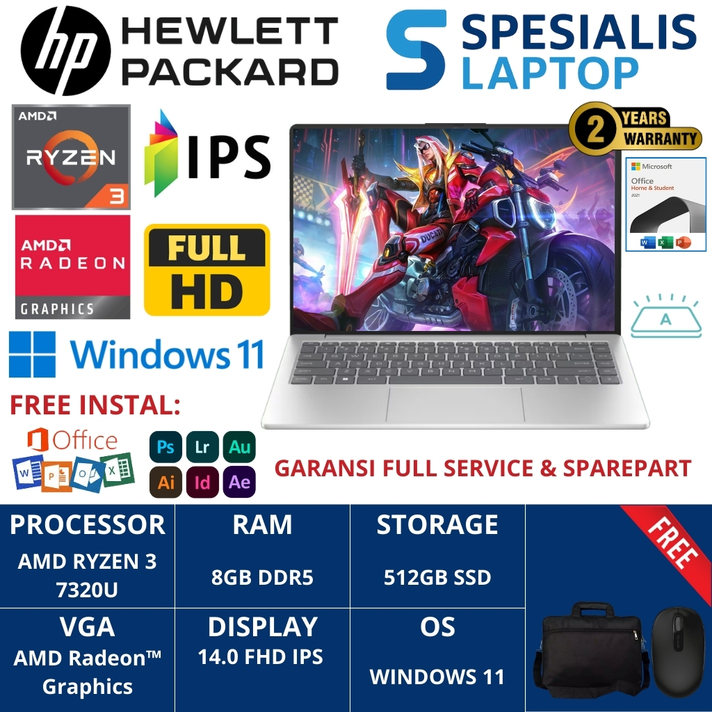 Jual HP 14 em0332AU/em0333AU AMD Ryzen 3 7320U RAM 8GB 512GB SSD FHD ...