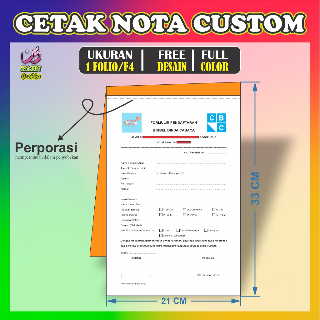 Jual cetak nota 1 folio/f4 custom desain full warna, invoice, surat ...
