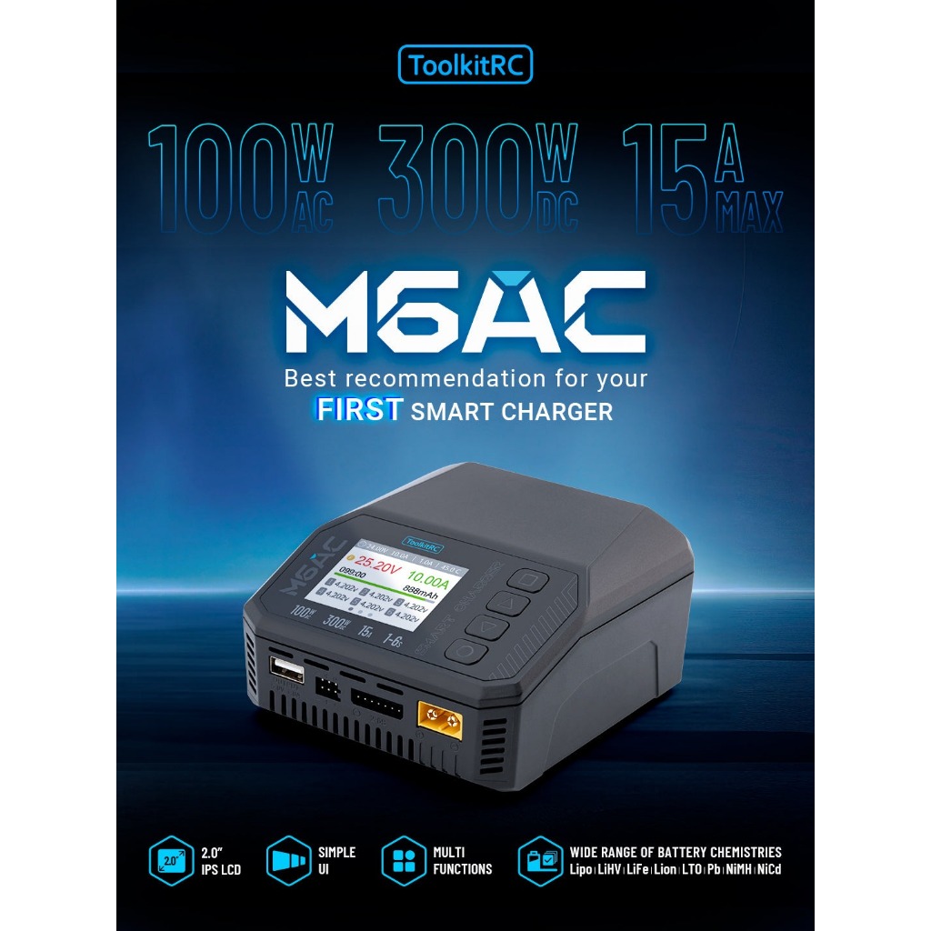 Jual ToolkitRC M6AC 1-6S AC 100W DC 300W 15A Lipo Battery Charger | Shopee Indonesia