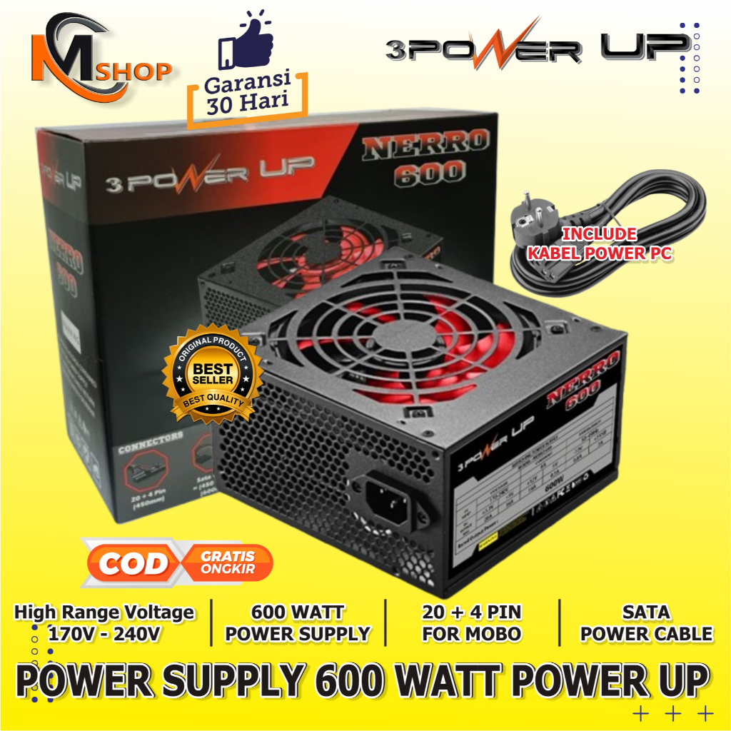 Jual PSU Power Supply 3 Power Up NERRO 600 with RED FAN 12cm | Shopee ...