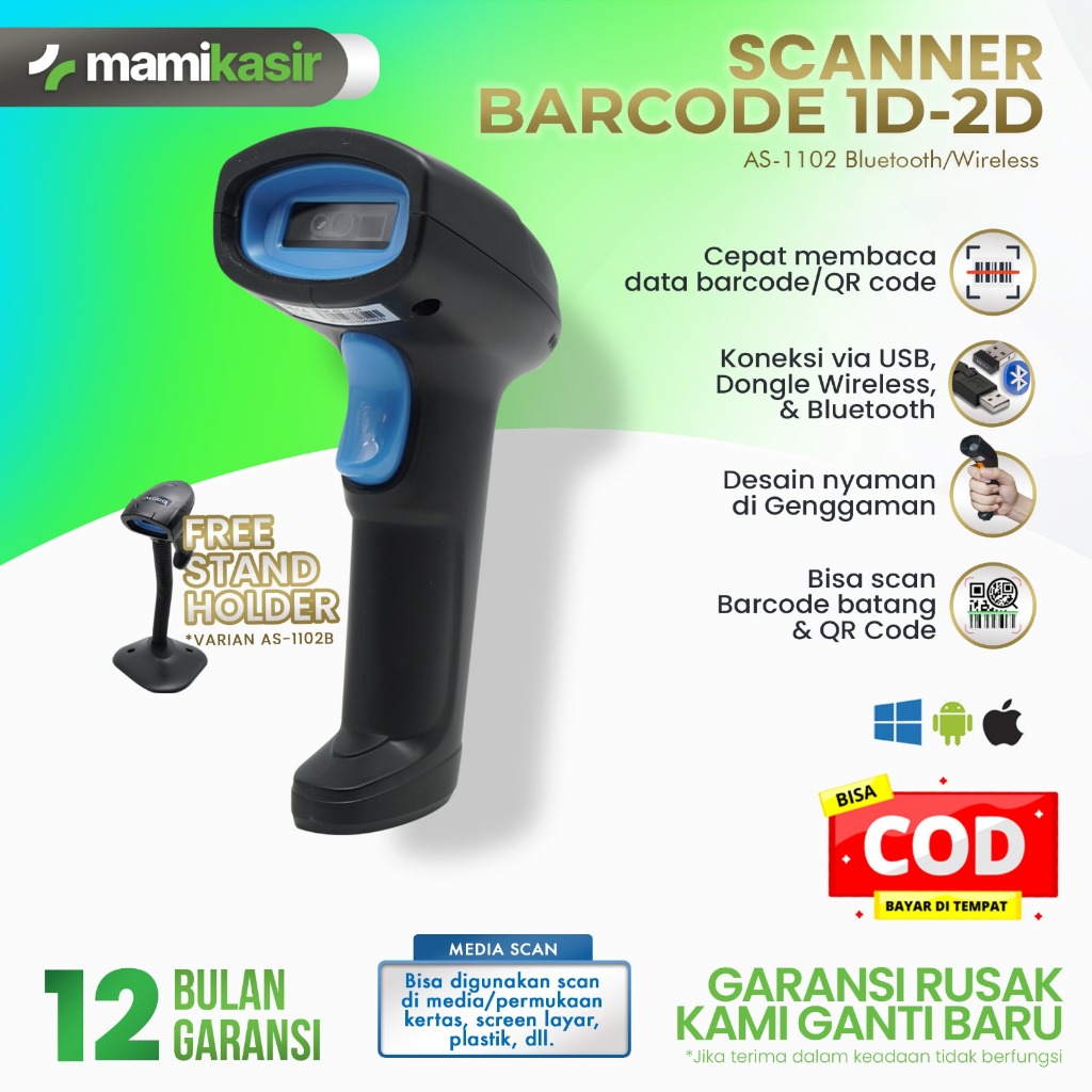 Jual MAMI KASIR AS-1102B Barcode Scanner USB Bluetooth Wireless 1D/2D Auto Scan With Stand ...