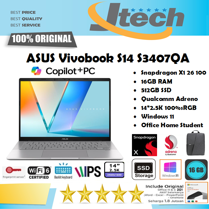 Jual ASUS Vivobook S14 S3407QA Snapdragon X X1 26 100 16GB 512GB SSD 14 ...