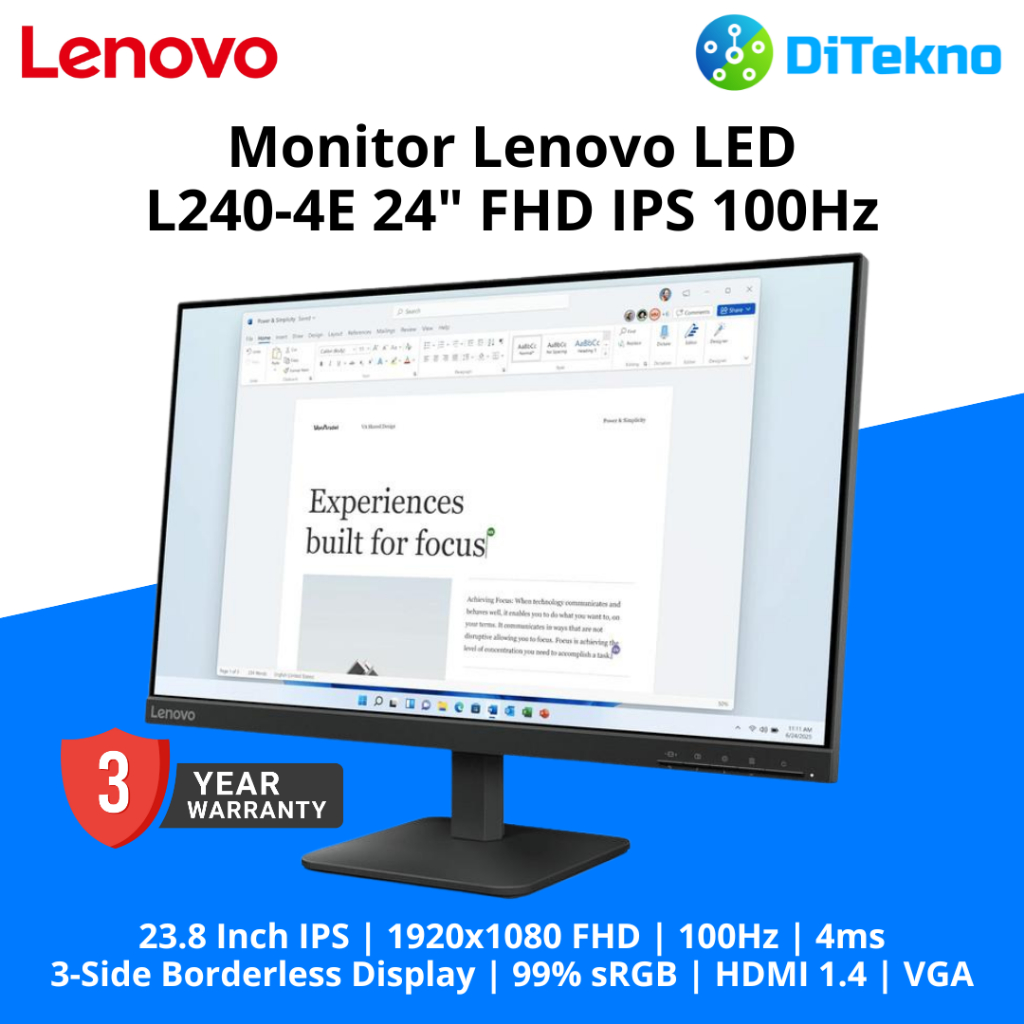 Jual Monitor Lenovo L240-4E 24 inch FHD IPS 100Hz | Shopee Indonesia