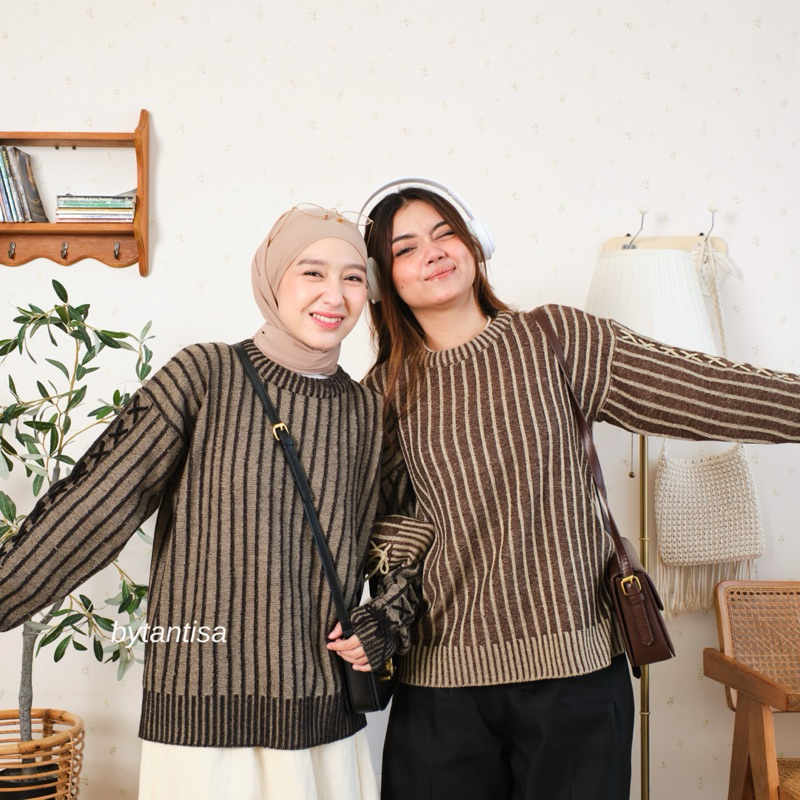 Jual Bytantisa - Blouse Rajut Edith Oversize Salur Pita Tangan Korean ...