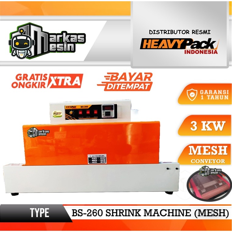 Jual Mesin Shrink Tunnel Mesh Conveyor Mesin Penyusut Plastik BS-260 HEAVYPACK POWERPACK ...