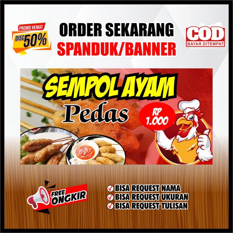 Jual spanduk baligo banner sempol ayam ukuran 100 x 50 cm | Shopee ...