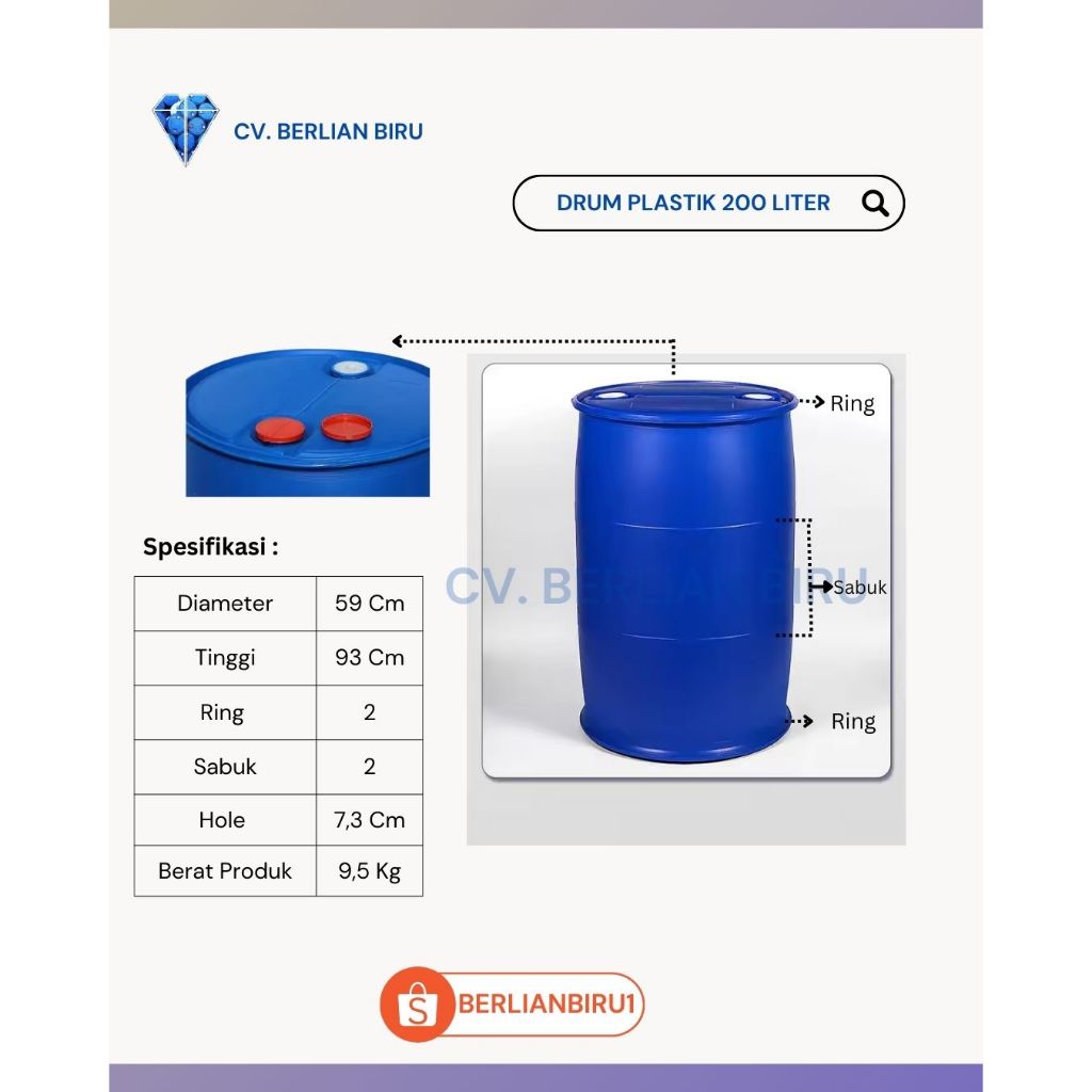 Jual Drum Plastik Biru 200 Liter Ring 2 Sbuk 2 Ring 2 polos Ring 1 ...