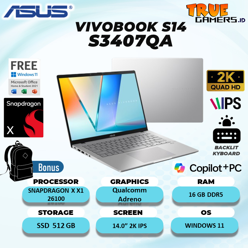 Jual Laptop Asus VIVOBOOK S14 S3407QA Snapdragon X1 16GB 512GB W11+OHS ...