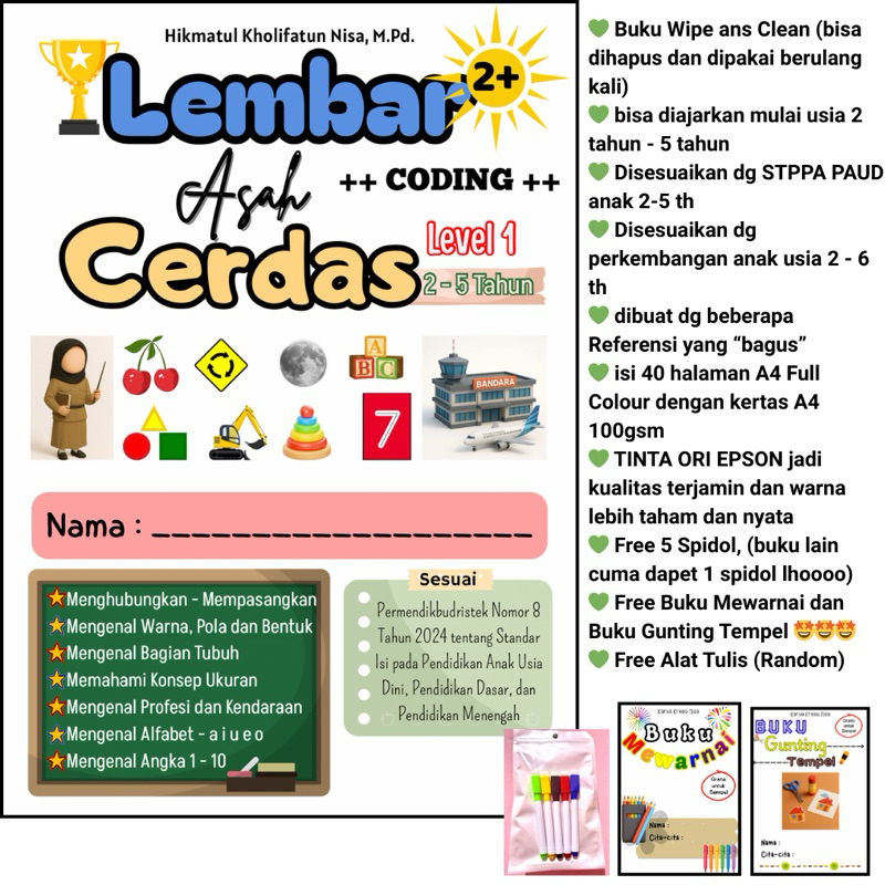 Jual BUKU Wipe and Clean LEMBAR ASAH CERDAS + CODING Level 1 Anak usia ...