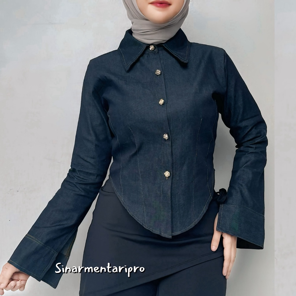 Jual SMPRO - JEANS BAJU KEMEJA OVAL JEANS Kancing Bunga Baju Atasan ...