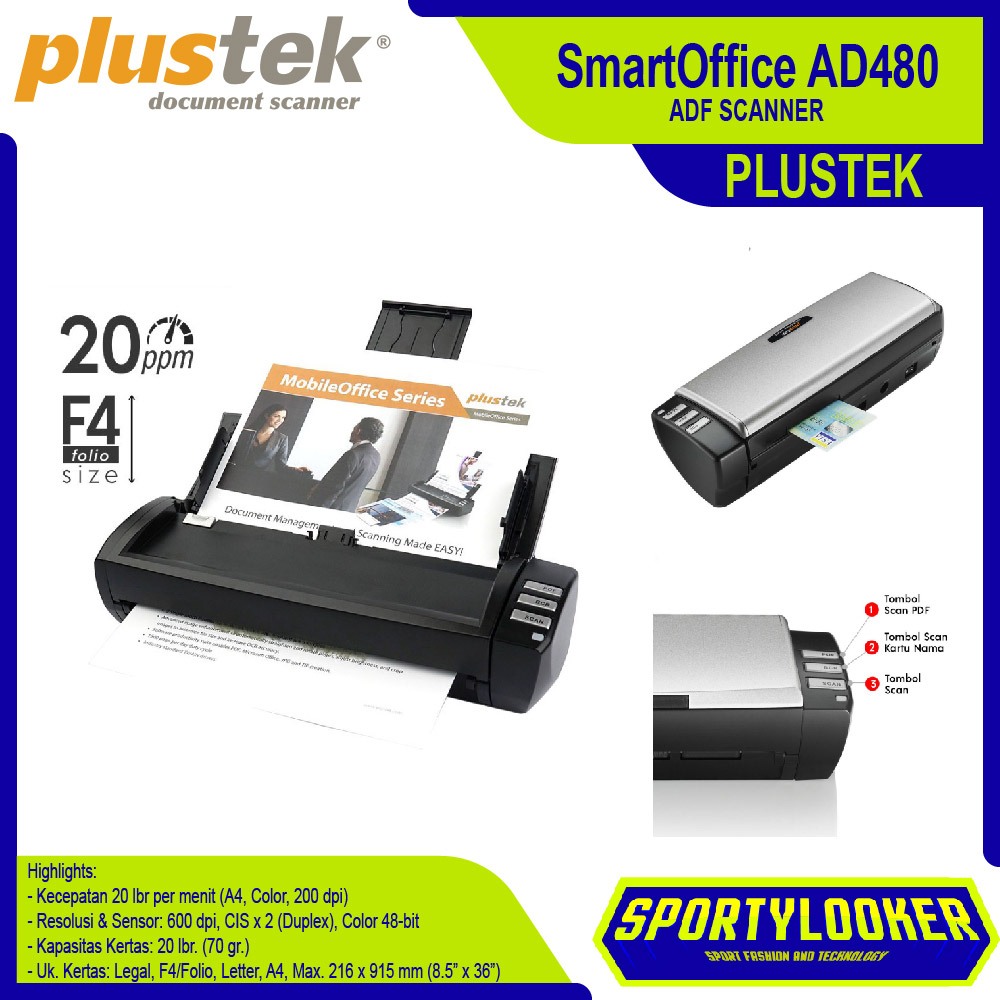 Jual Scanner Plustek MobileOffice AD480 ADF | F4 | 20 ppm | Shopee ...