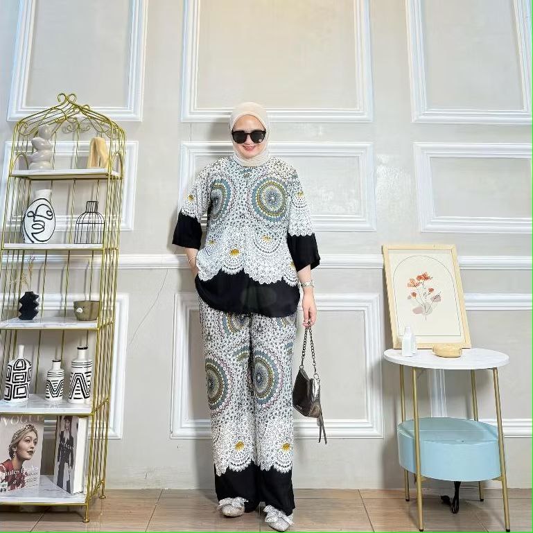 Jual Setelan Celana Kulot Jumbo Rayon Motif Baju Dewasa Wanita OneSet ...