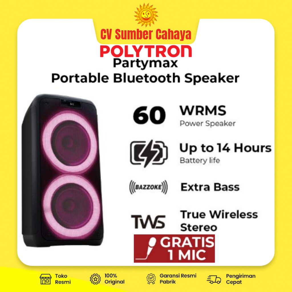 Jual Polytron Speaker Portable Bluetooth Partymax Extra Bass Free 1 Mic ...