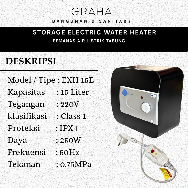 Jual Water Heater Pemanas Kamar Mandi Listrik Hitam EIXO 15 LITER ...