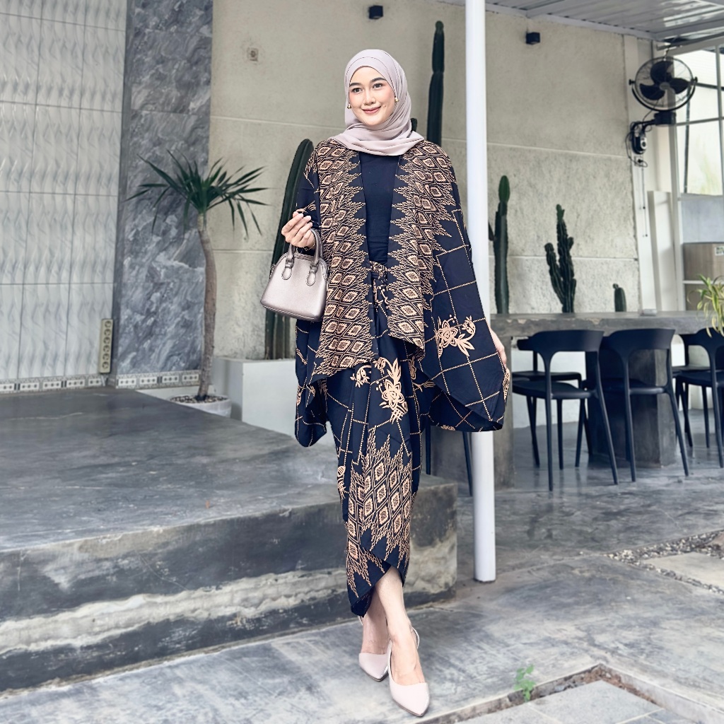 Jual Outfit Kondangan Simpel One Set Batik Outer Rok Lilit Kimono ...