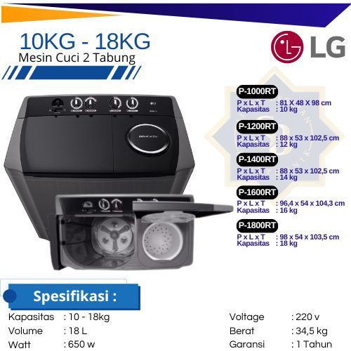 Jual LG Mesin Cuci 2 Tabung 10 - 18 Kg P1000RTM - P1800RTM Kapasitas ...