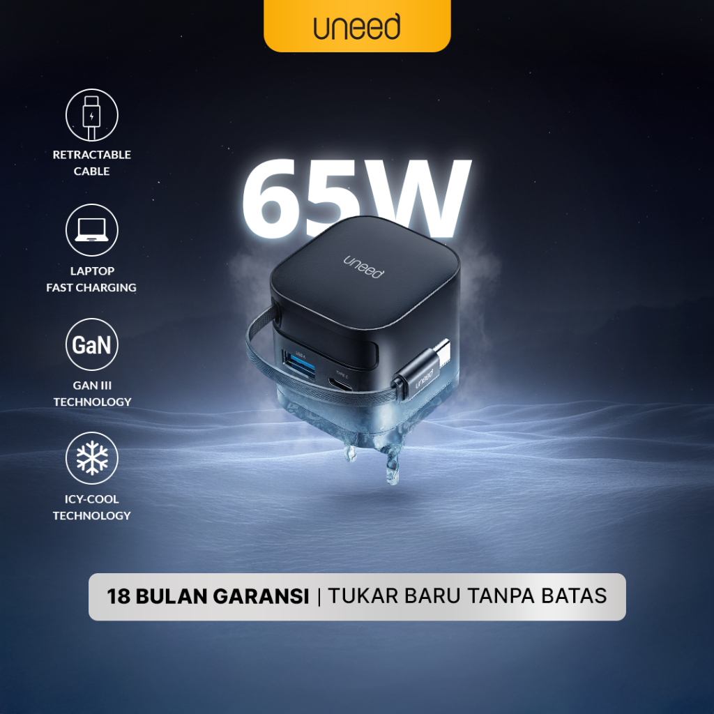 Jual Uneed Retractable GaN Charger 35W 65W with Icy Cool Technology PD ...