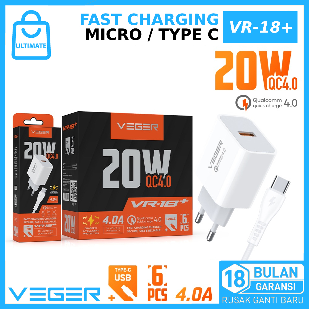 Jual Veger VR-18+ Charger Fast Charging MICRO / TYPE C 20W QC4.0 (1 Box = 6 Pcs) | Shopee Indonesia