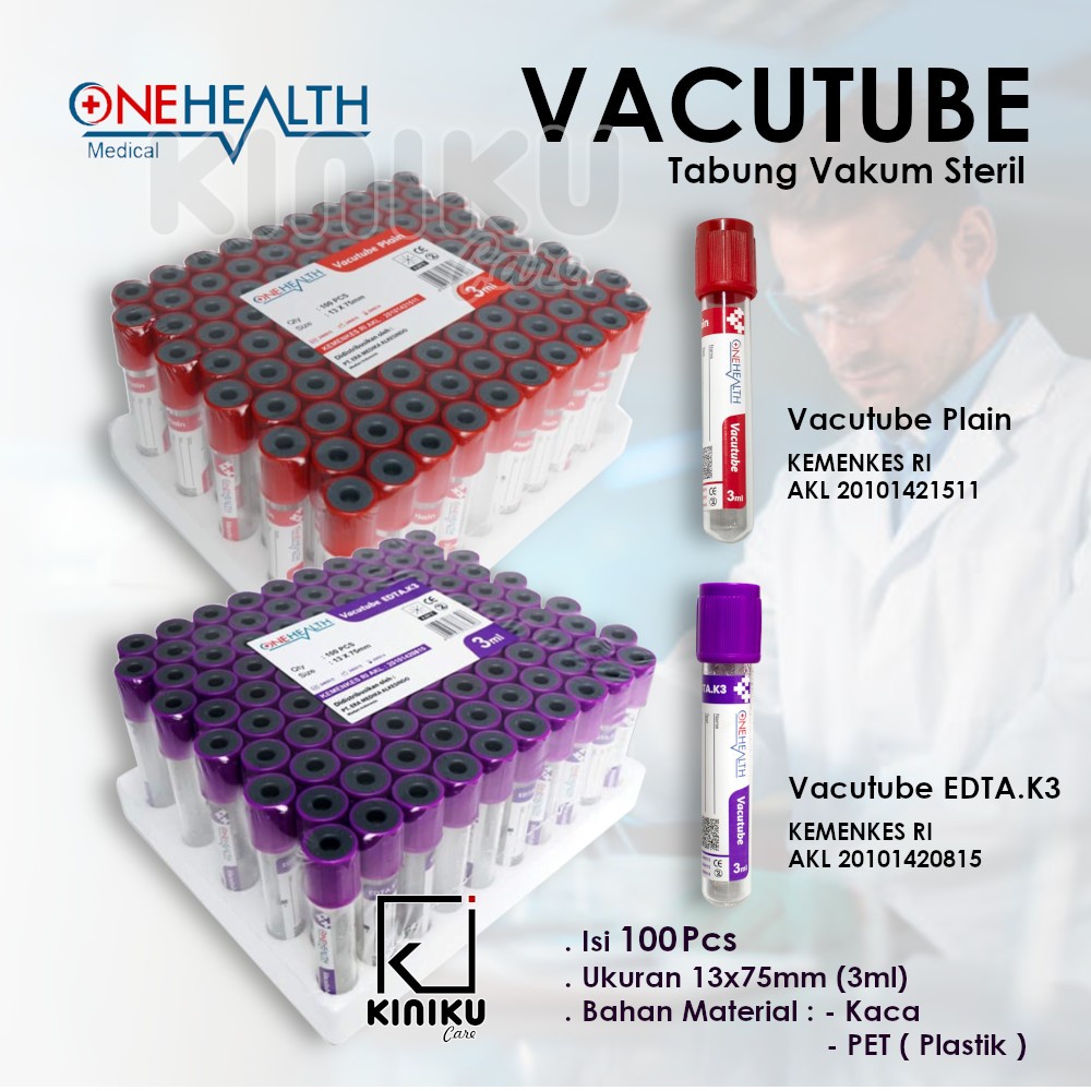 Jual ONEHEALTH Vacutube Plain / EDTA K3 Tabung Darah Vakum 3ml isi 100 ...