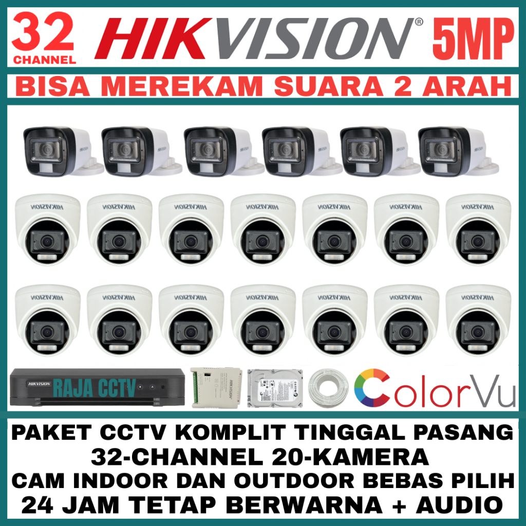 Jual paket cctv hikvision 5mp colorvu 32 channel 20 camera two way ...