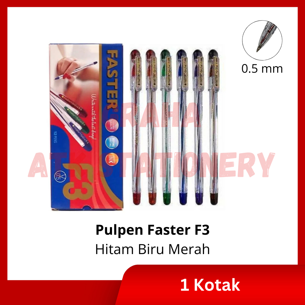 Jual [1 Kotak] Pulpen Faster F3 Hitam, Biru, Merah / Ball Pen / Pena 0 ...
