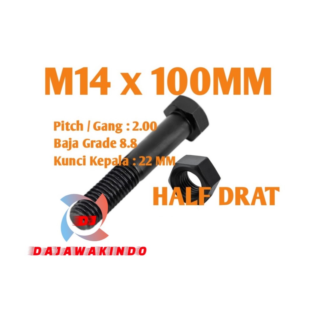 Jual Baut Mur Baja 8.8 M14 x 100 / High Tensile Bolt Grade 8.8 (HD) | Shopee Indonesia