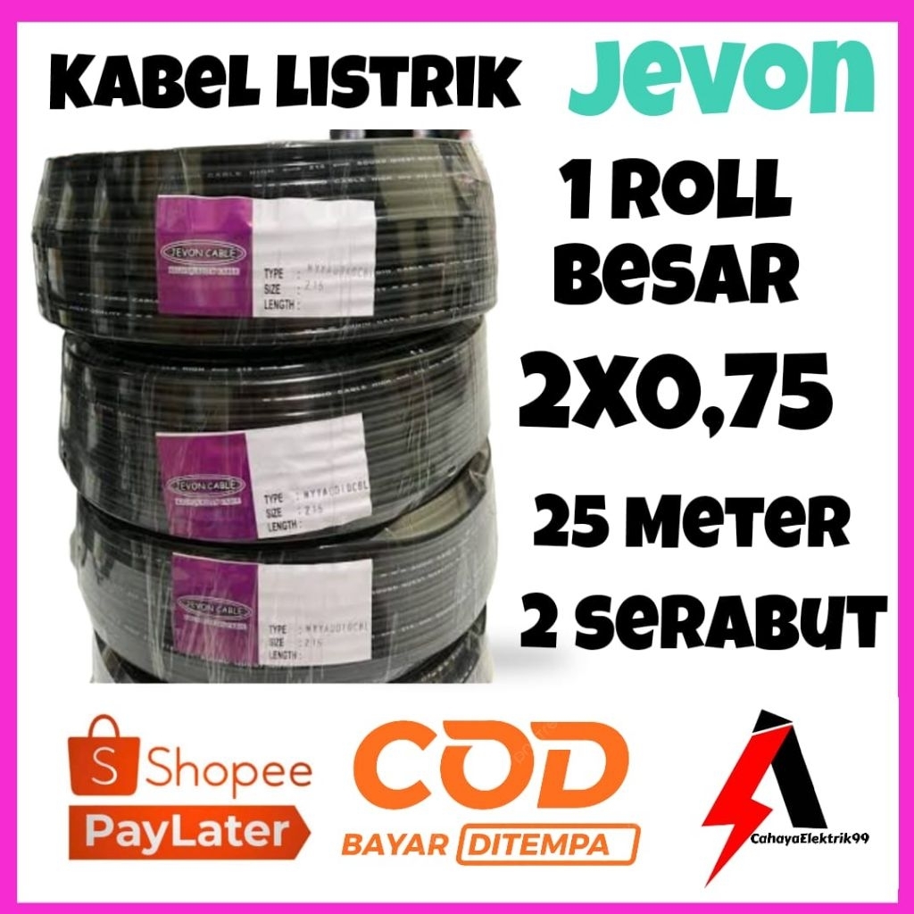 Jual kabel listrik dan audio jevon 2x0,75 25 meter warna hitam isi 2 serabut tebel (1roll tebel ...