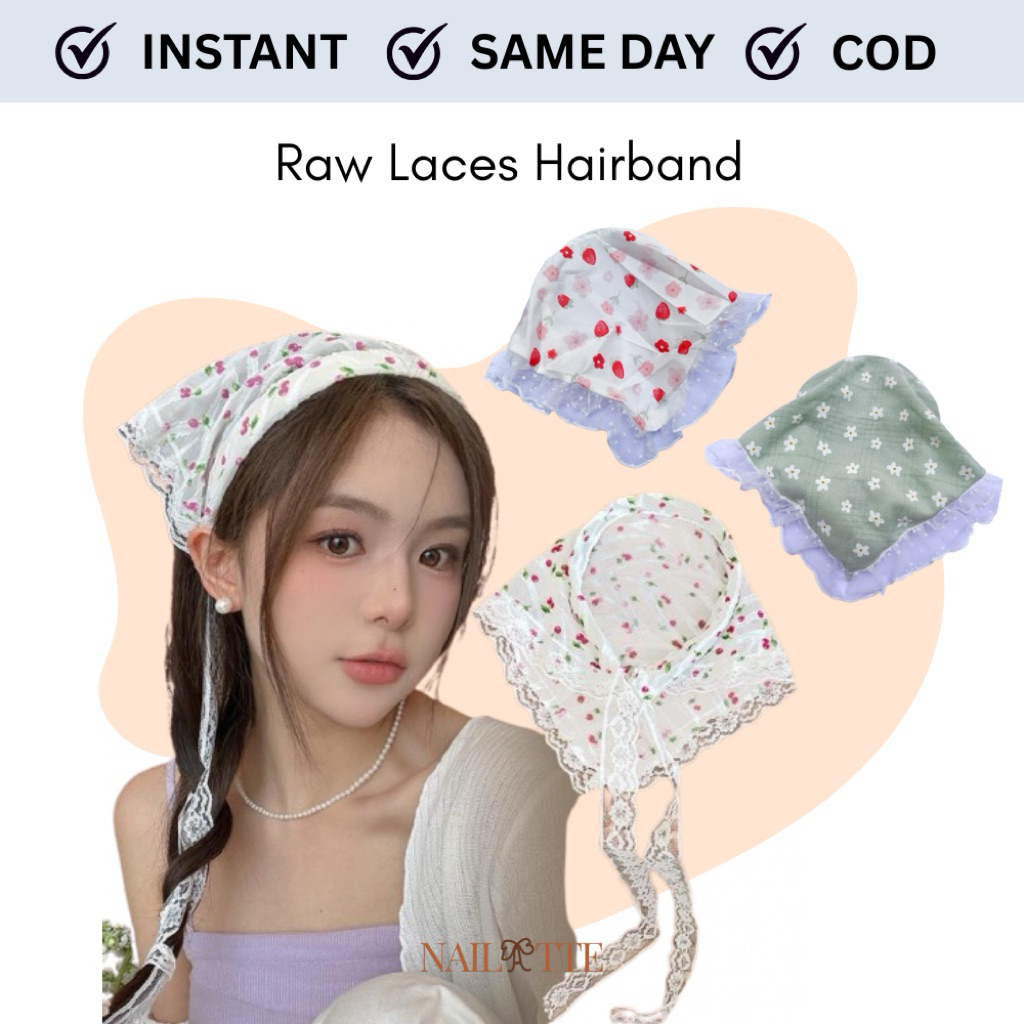 Jual Bando renda segitiga korean viral raw lace laces triangle headband ...