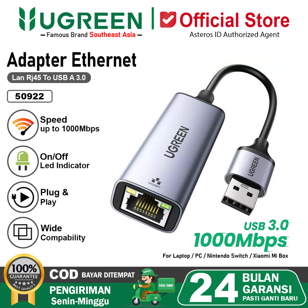 Jual UGREEN USB 3.0 to LAN RJ45 Adapter Ethernet Speed 1000mbps 50922 ...