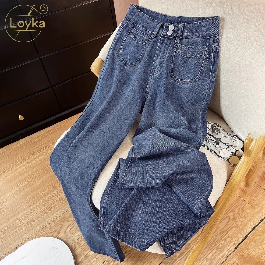 Jual Loyka Jeans kaki lebar retro Drape untuk wanita celana panjang ...