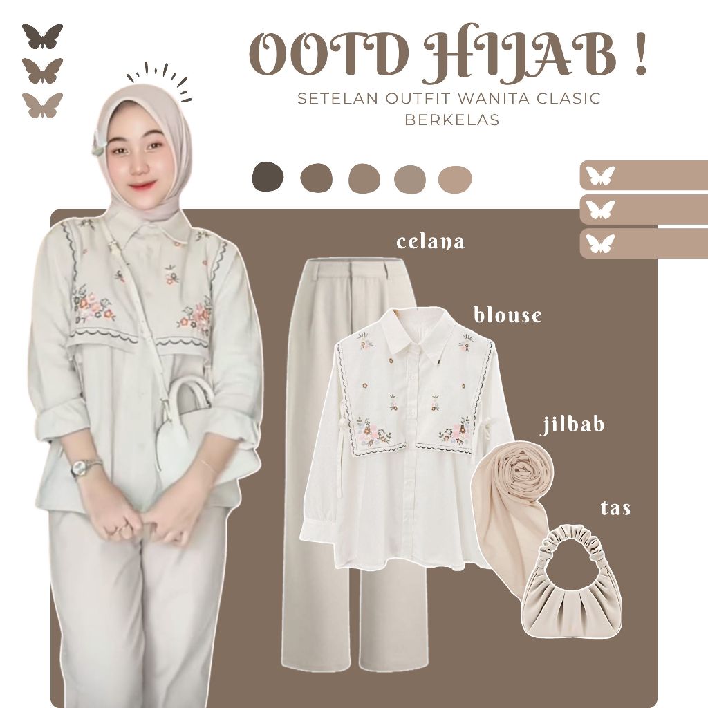 Jual Setelan Wanita Kekinian 4in1 | Blouse + Celana, Jilbab, & Tas ...