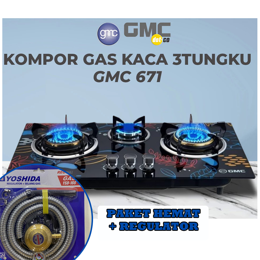 Jual Paket Hemat Kompor + Regulator Kompor Gas Kaca 3 Tungku GMC 671 ...