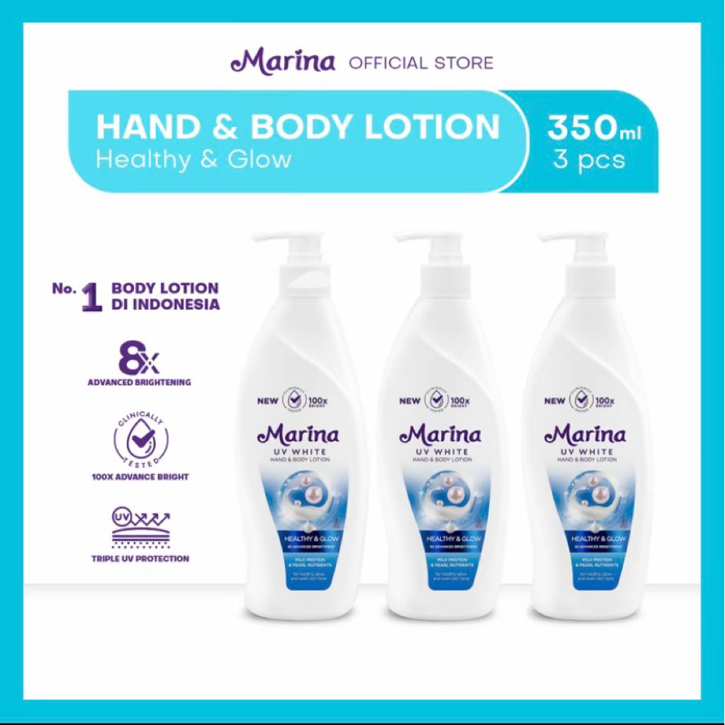 Jual MARINA UV WHITE HEALTHY AND GLOW HAND BODY LOTION 350ML | Shopee ...